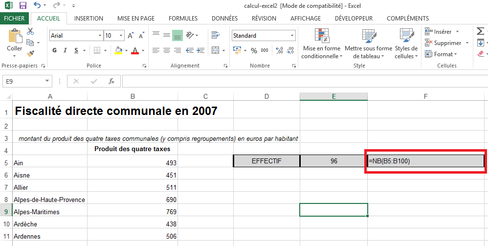Calcul du nombre de valeurs dans une sélection Excel